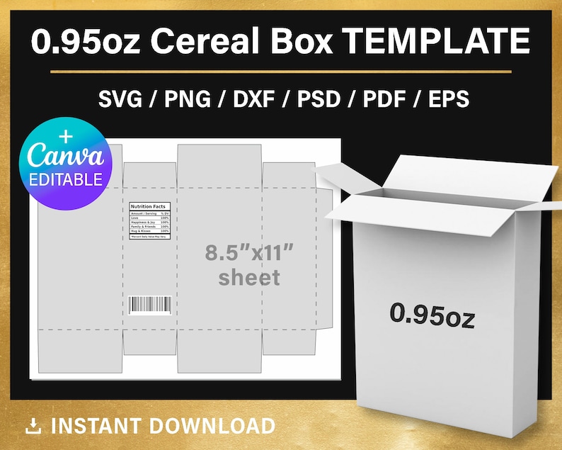 0.95 Oz Cereal Box Template, DIY Cereal Packaging BLANK Template, Canva ...