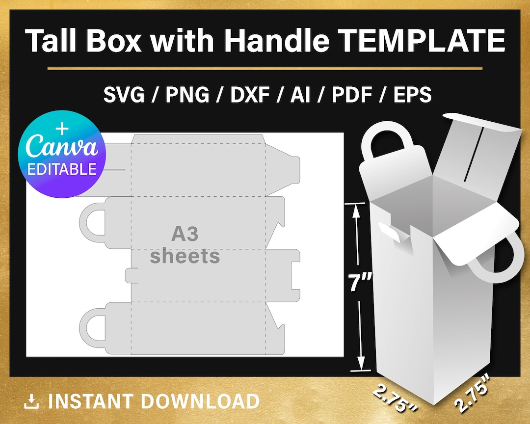 Tall Box Template, With Handle, DIY Gift Box, 2.75 X 2.75 X7 Inches ...