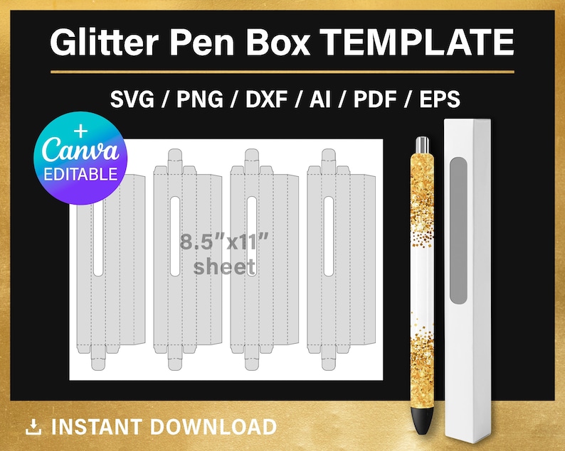 Glitter Pen Box, DIY Blank Template, Pen Packaging, Canva, Cricut, Svg ...