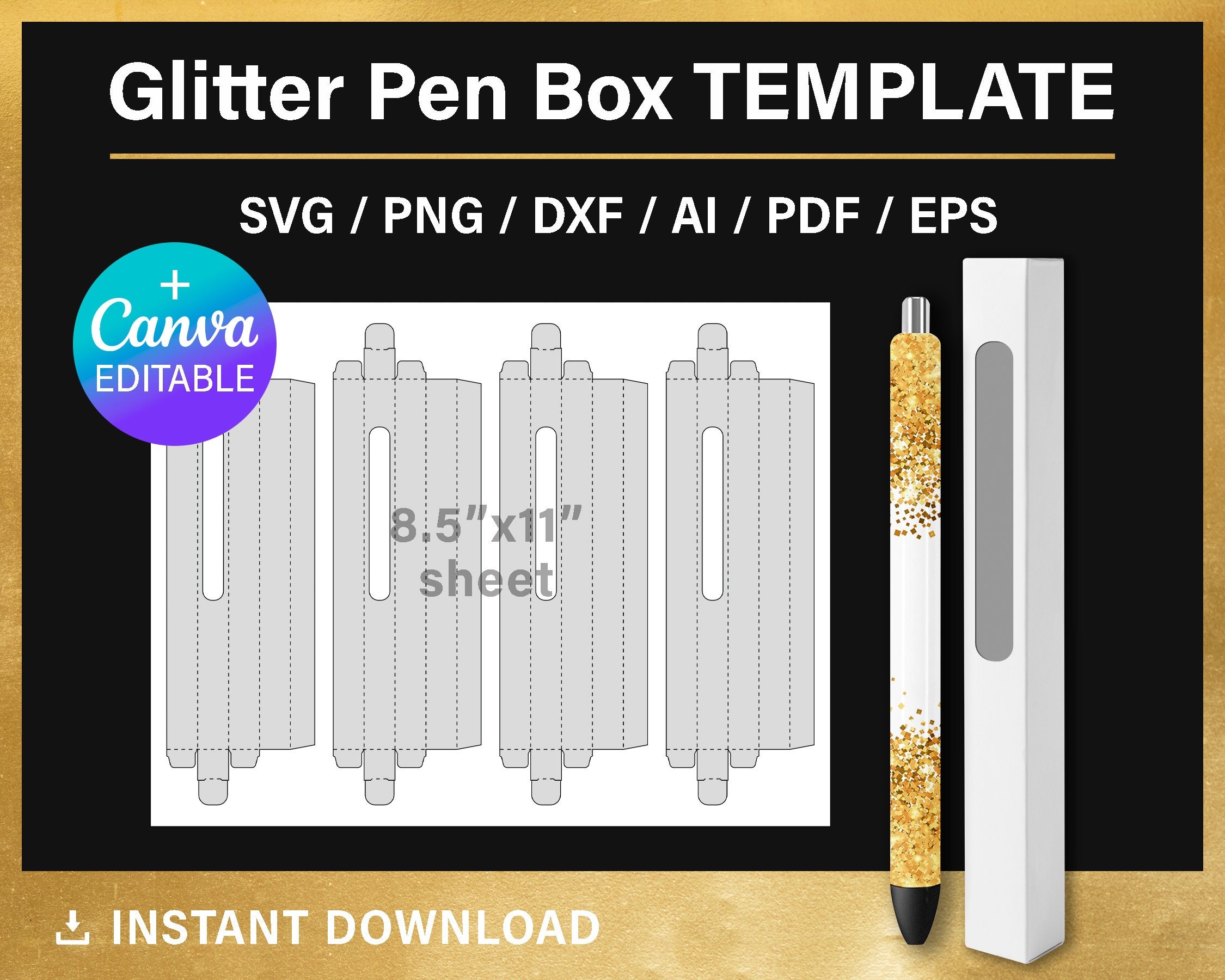 Glitter Pen Box, DIY Blank Template, Pen Packaging, Canva, Cricut, Svg ...
