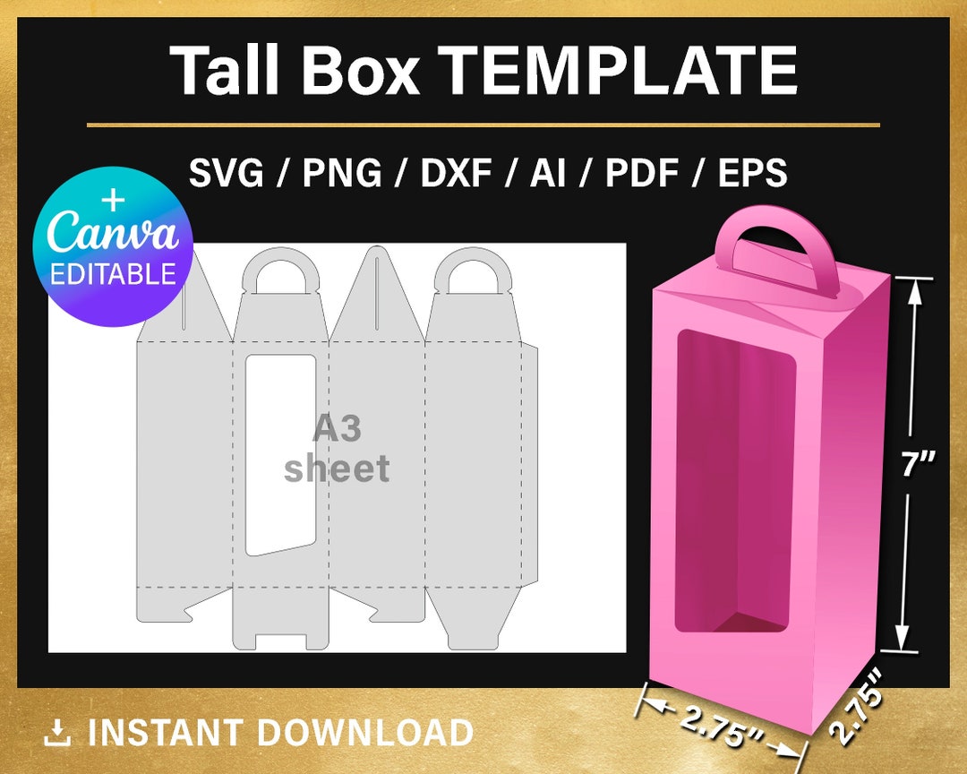 Tall Box Template, With Handle, DIY Gift Box, 2.75 X 2.75 X7 Inches ...