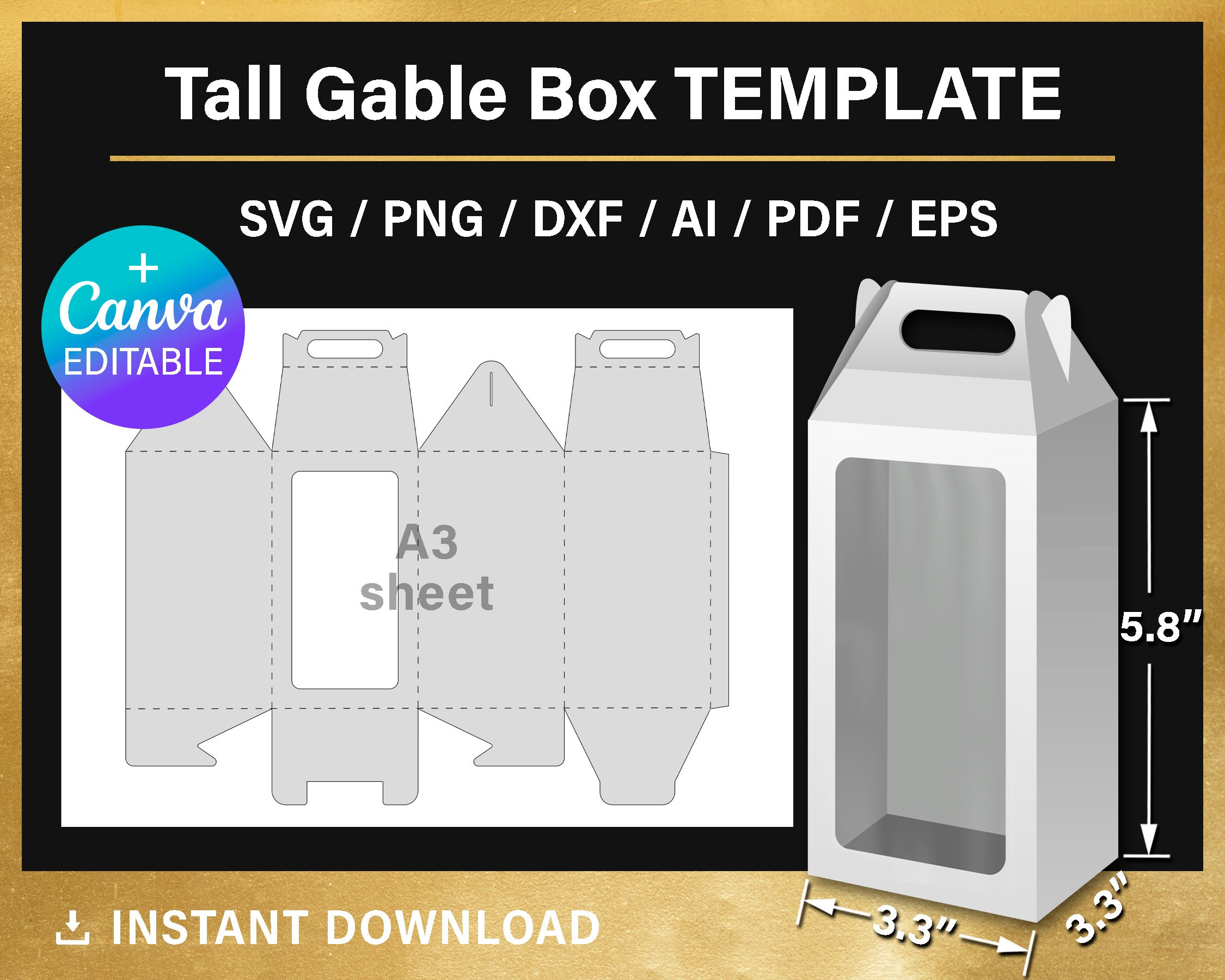 Tall Gable Box Template, With Handle, With Window, DIY Gift Box, 3.3 X ...