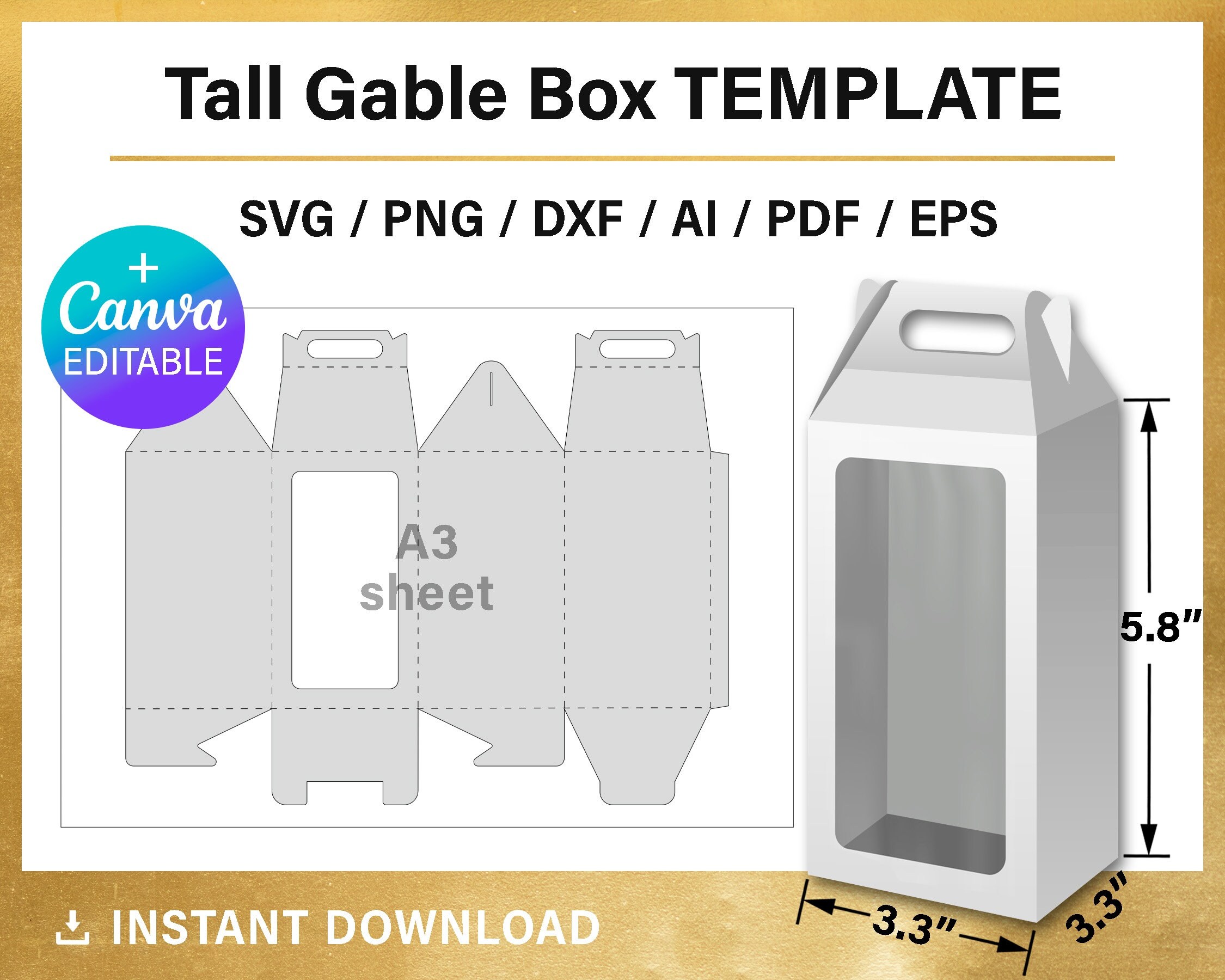 Tall Gable Box Template, With Handle, With Window, DIY Gift Box, 3.3 X ...