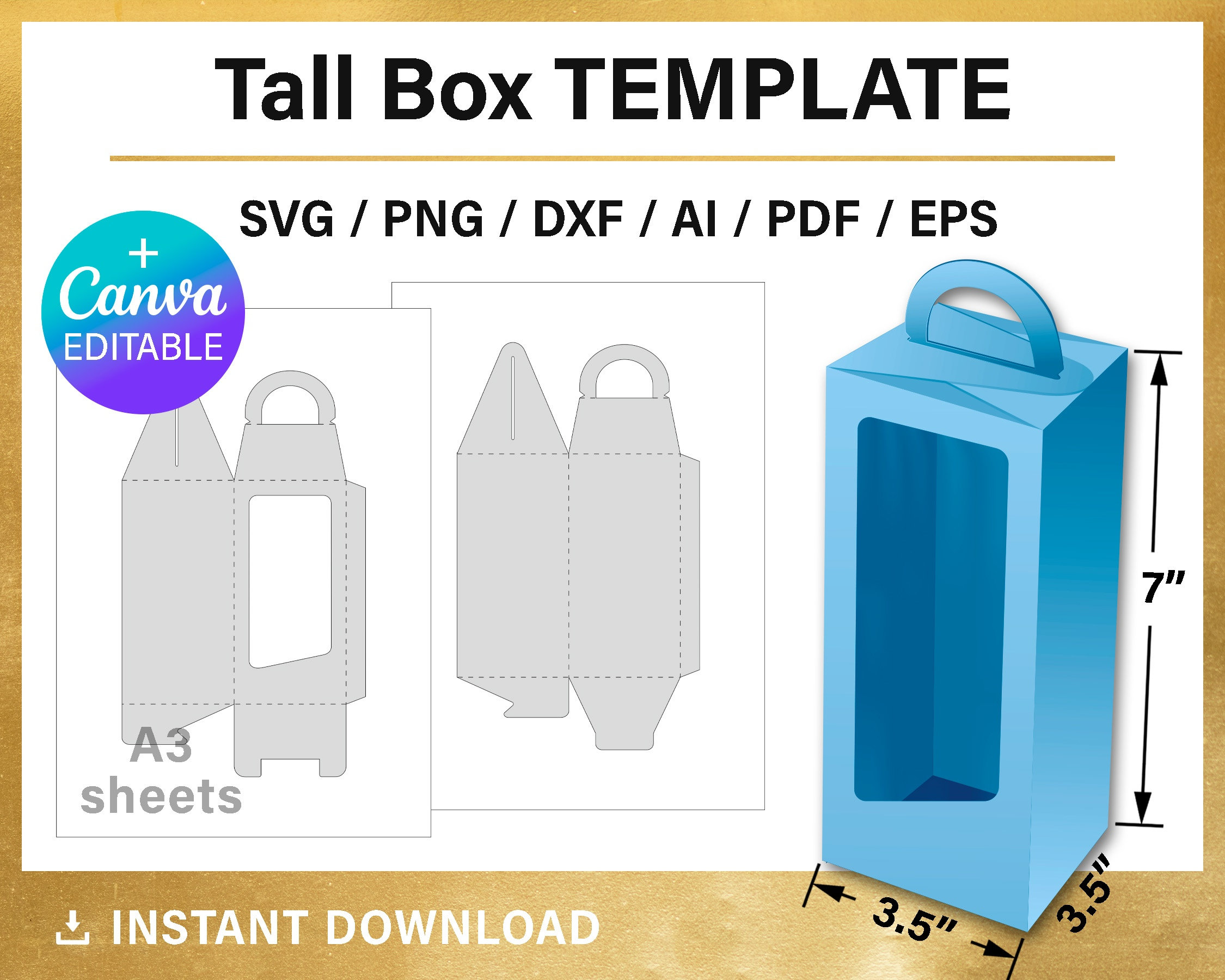 Tall Box Template, With Handle, DIY Gift Box, 3.5 X 3.5 X7 Inches ...