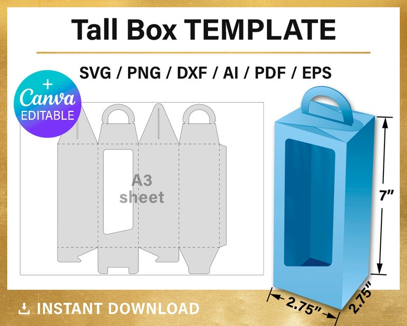 Tall Box Template, With Handle, DIY Gift Box, 2.75 X 2.75 X7 Inches ...