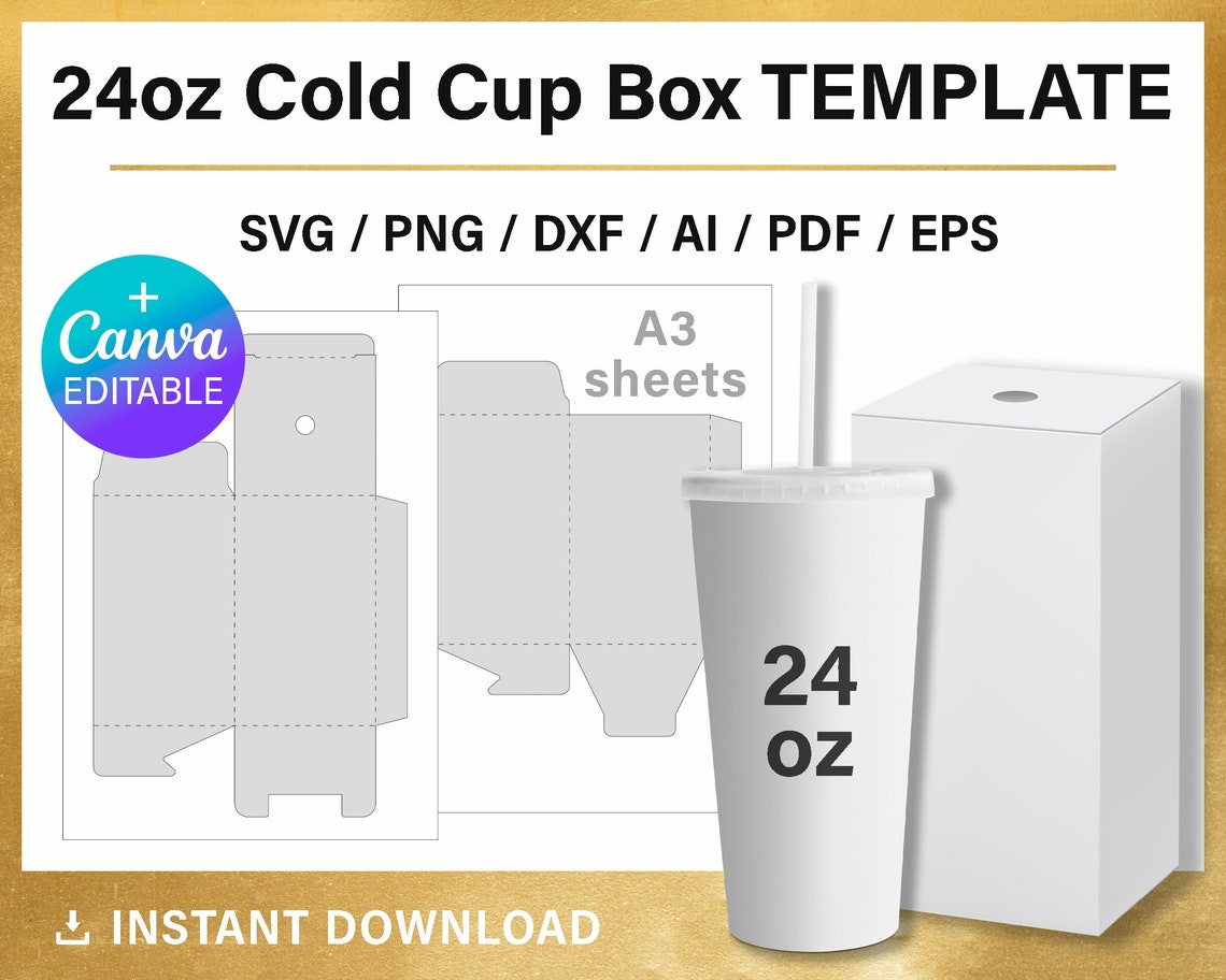 24oz Cold Cup Box DIY Template, Gift Box Template, Png, Canva, Svg ...
