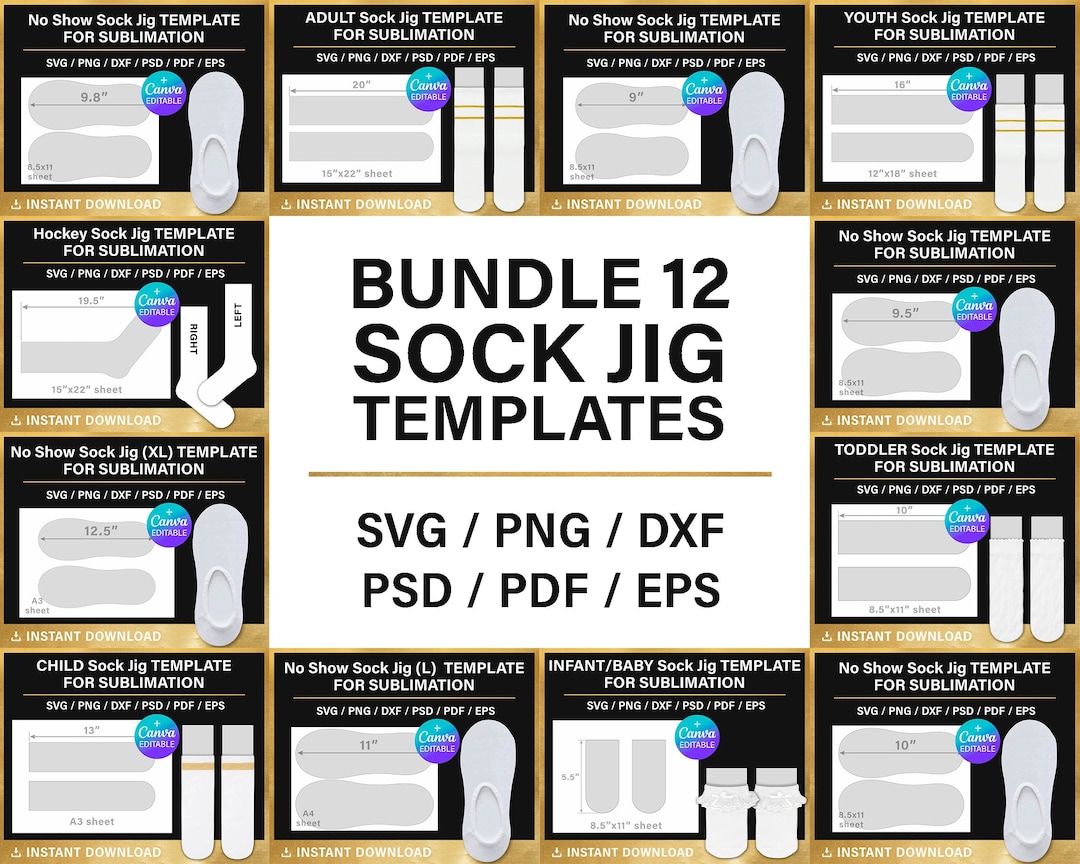 12 Sock Jig Blank Template, BIG BUNDLE, Baby | Youth | Adult, S, M, L ...