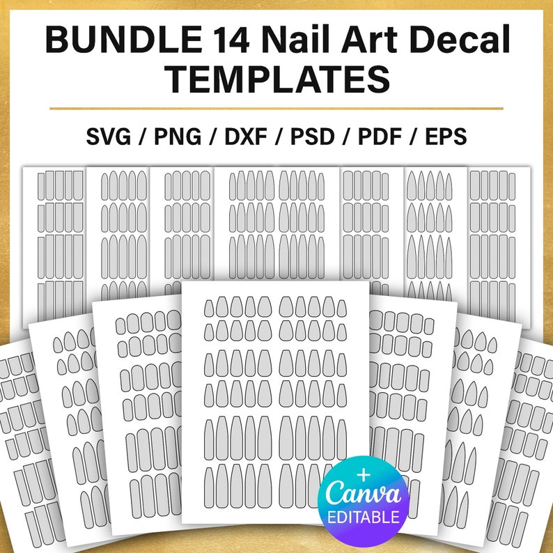 14 Nail Art Decal Blank Template BUNDLE, Squoval, Oval, Square, Almond ...