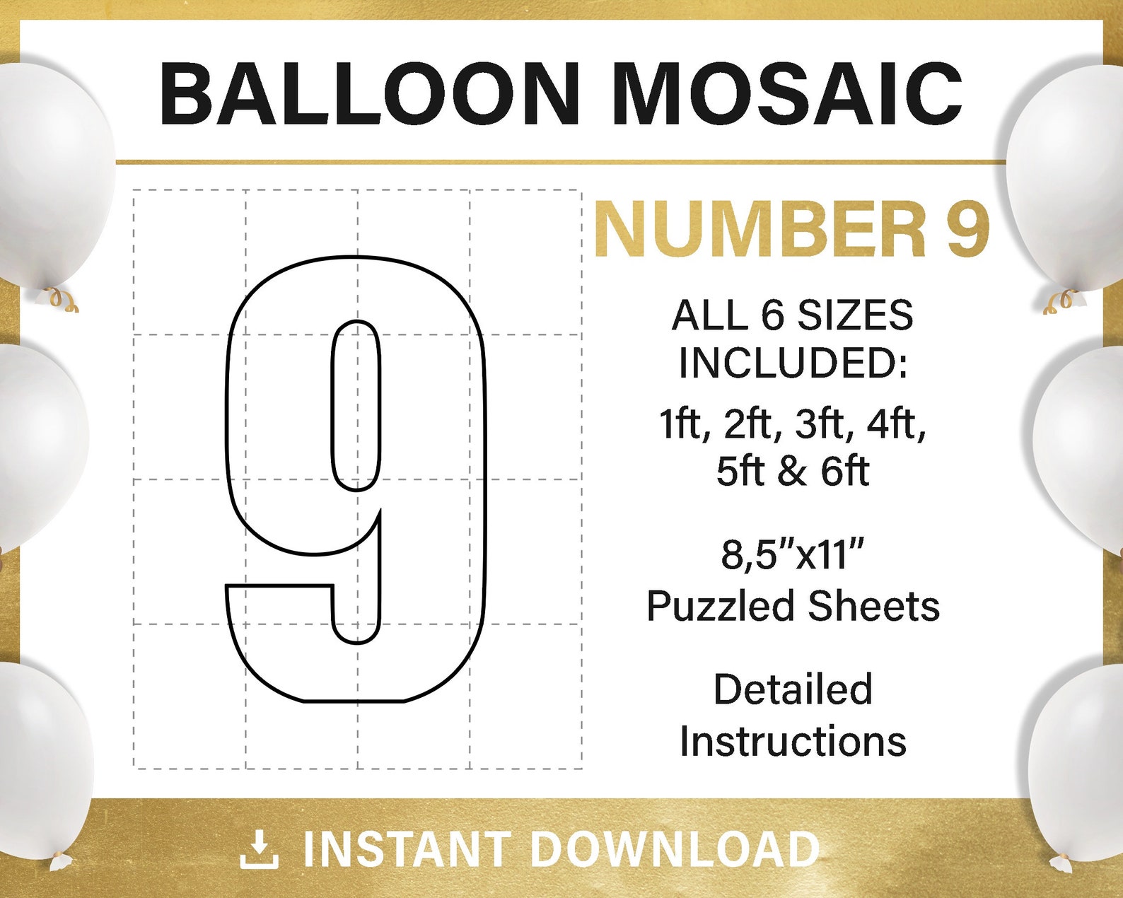 Number 9 Mosaic From Balloons Tall Nine Number Template - Etsy