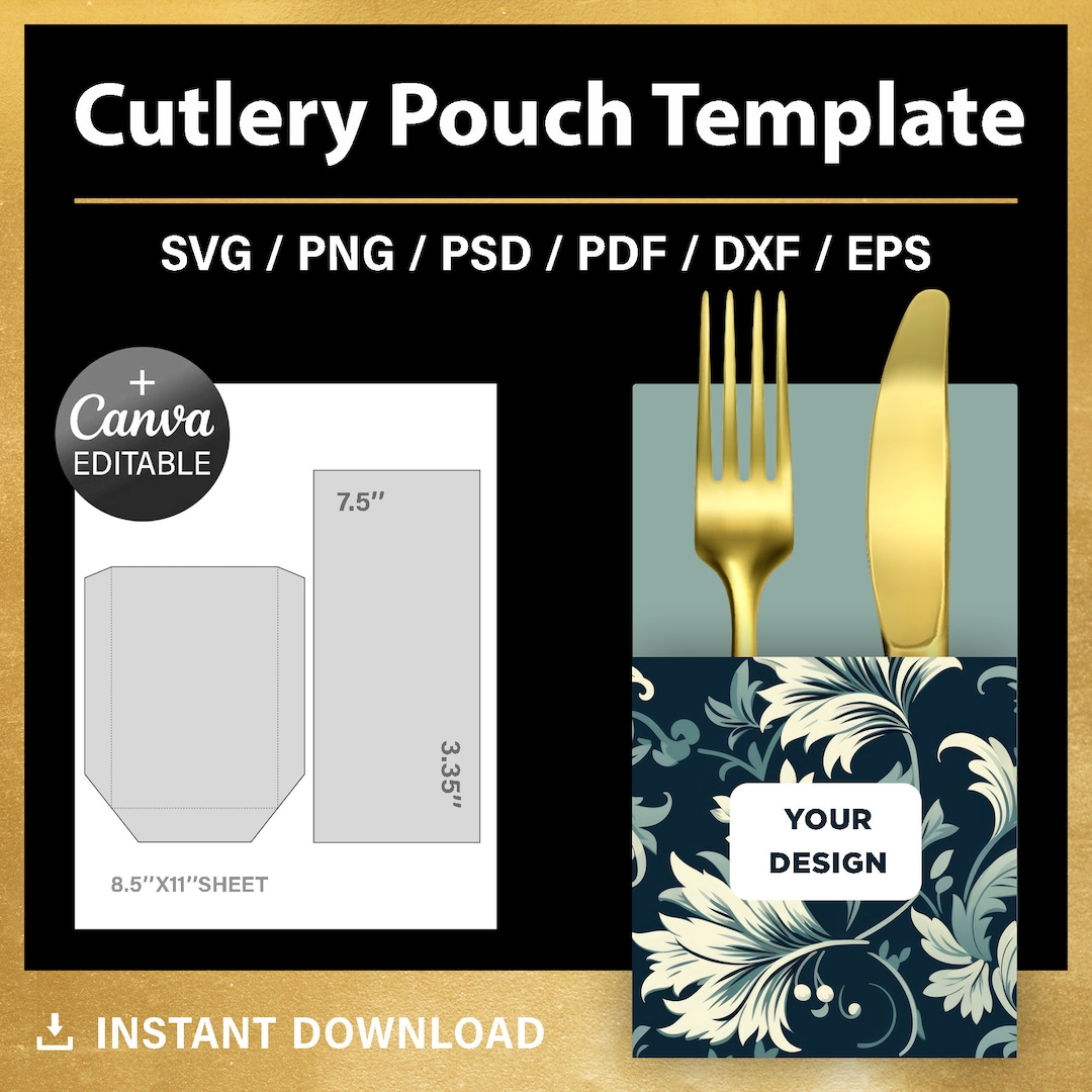 Cutlery Pouch Template, Cutlery Holder Svg, Editable, Cutlery Paper ...