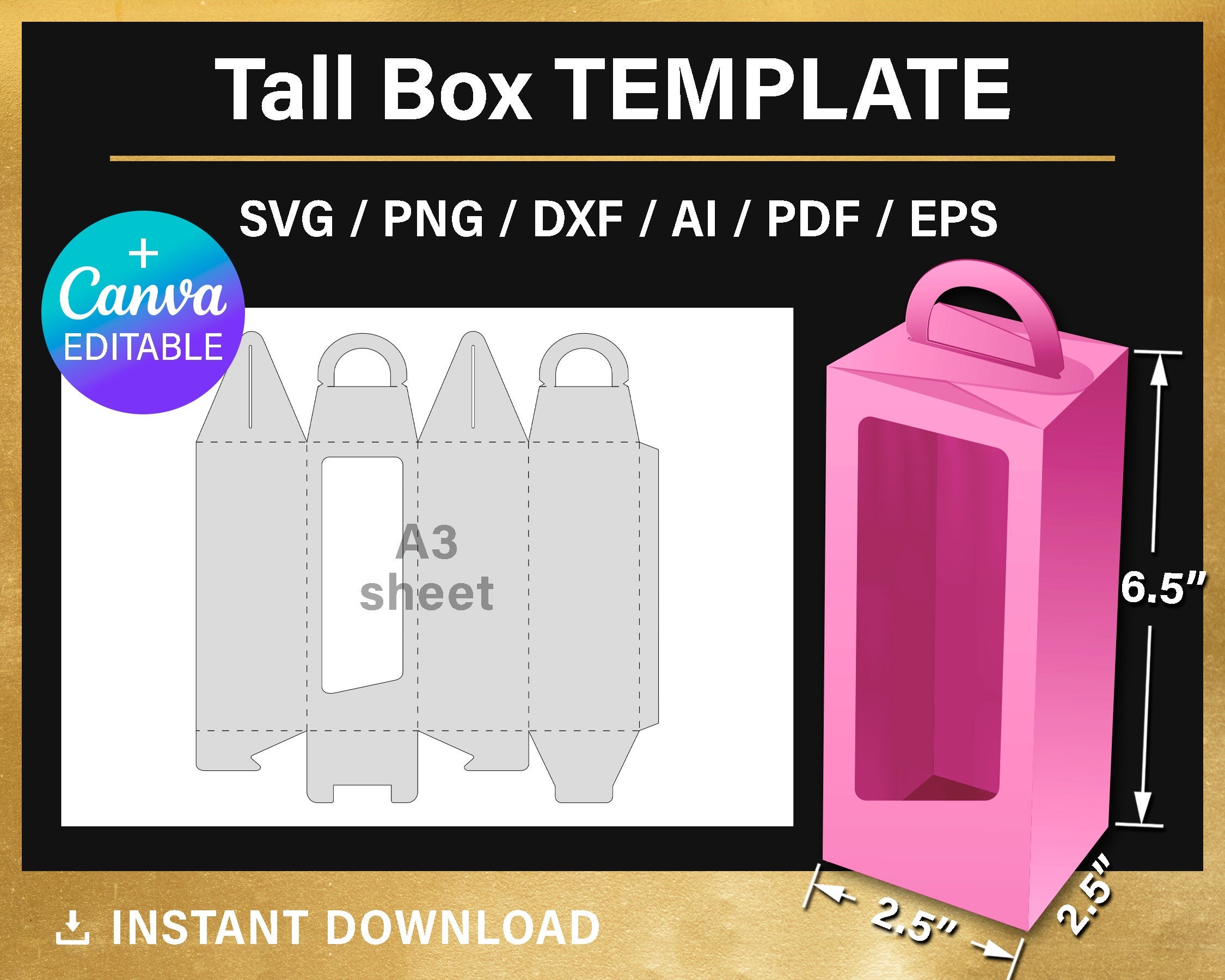 Tall Box Template, With Handle, DIY Gift Box, 2.5 X 2.5 X 6.5 Inches ...