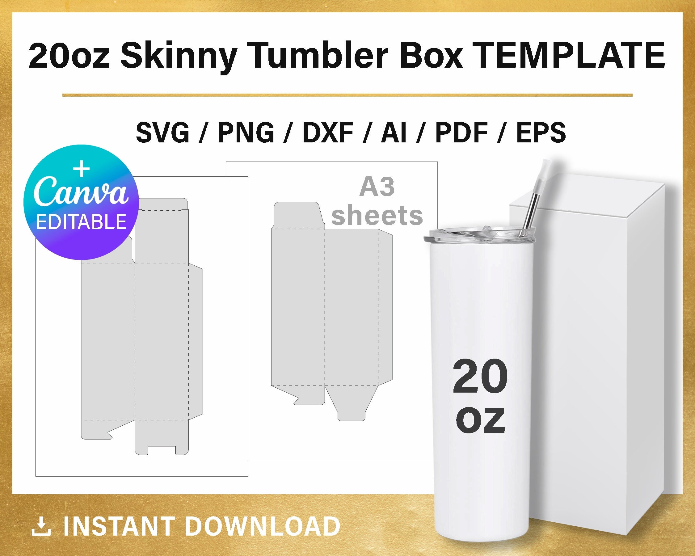 20oz Skinny Tumbler Box Template, DIY, Gift Box Template, Png, Canva ...