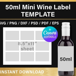 Mini Wine Bottle Label Blank Template, DIY Bottle Favor, 50 Ml, Canva, Cricut, Silhouette, Svg ...