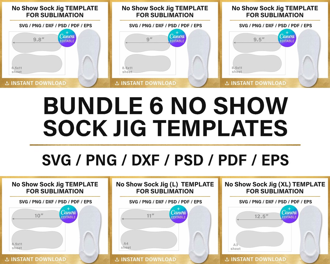 No Show Sock Jig Template BUNDLE, 6 Sizes, DIY, Canva, Cricut, Svg, Png, Set, Instant Download ...