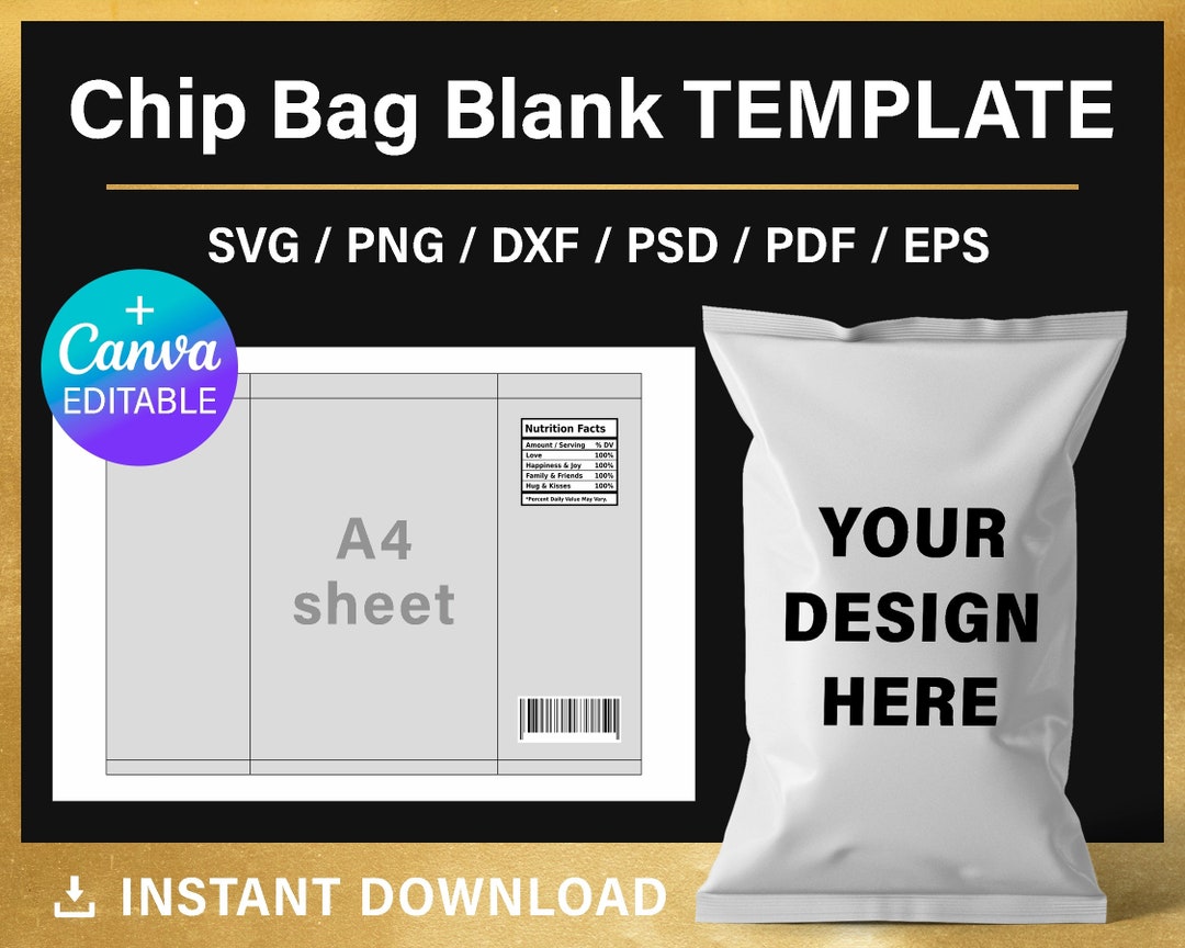 Chip Bag, Blank Template, A4 Sheet, Potato Chip Bag, Custom, DIY, Svg ...