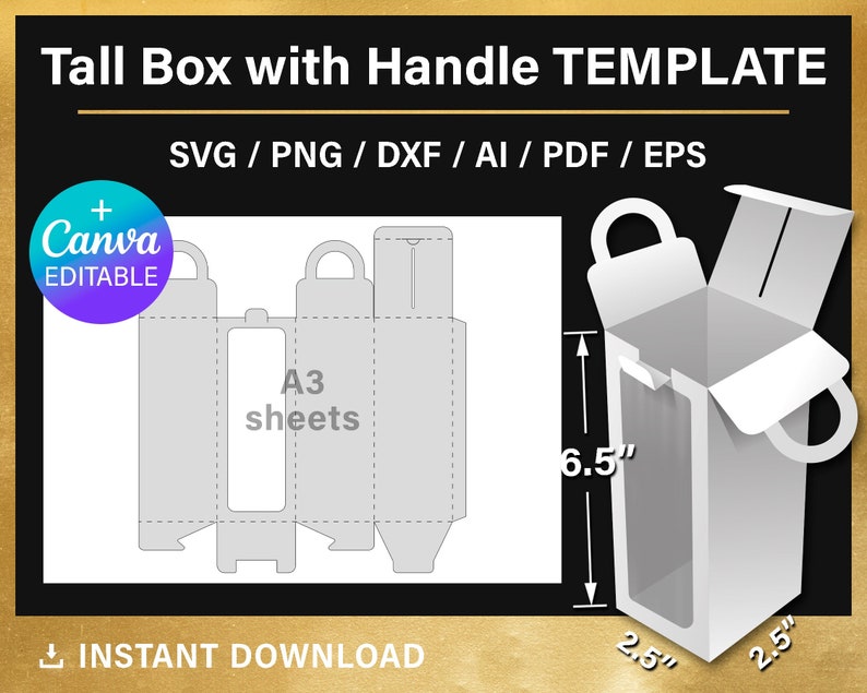 Tall Box Template, With Handle, DIY Gift Box, 2.5 X 2.5 X 6.5 Inches ...