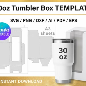 30oz Skinny Tumbler Box Template With Window and Lid, DIY, Gift Box ...