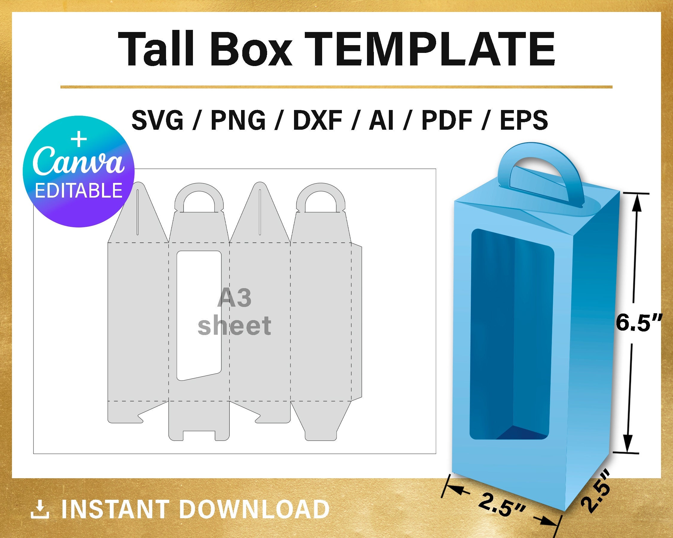 Tall Box Template, With Handle, DIY Gift Box, 2.5 X 2.5 X 6.5 Inches ...