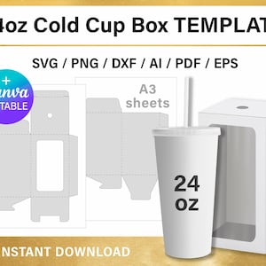 24oz Cold Cup Box Template With Window and Lid, DIY, Gift Box Template ...