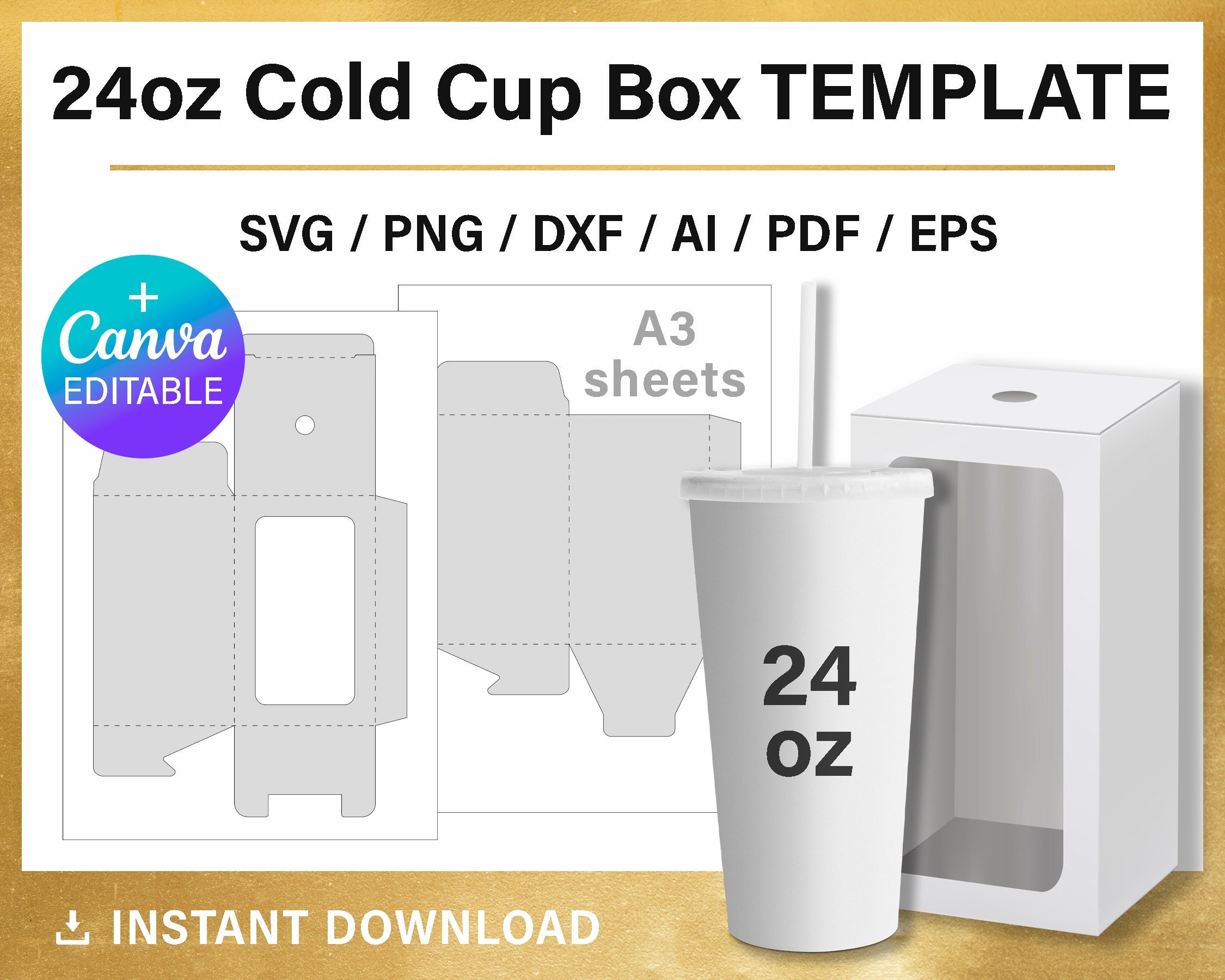 24oz Cold Cup Box Template With Window and Lid, DIY, Gift Box Template ...