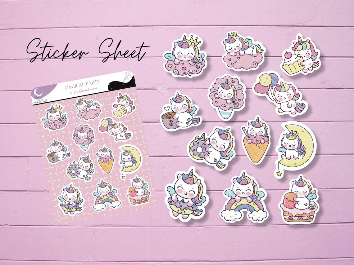 Cute Pastel Kawaii Unicorn Sticker Sheet for Decorating Planners ...