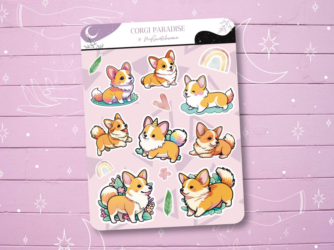 Kawaii Corgi Sticker Sheet With Tropical Vibes for Happy Dog Journal or ...