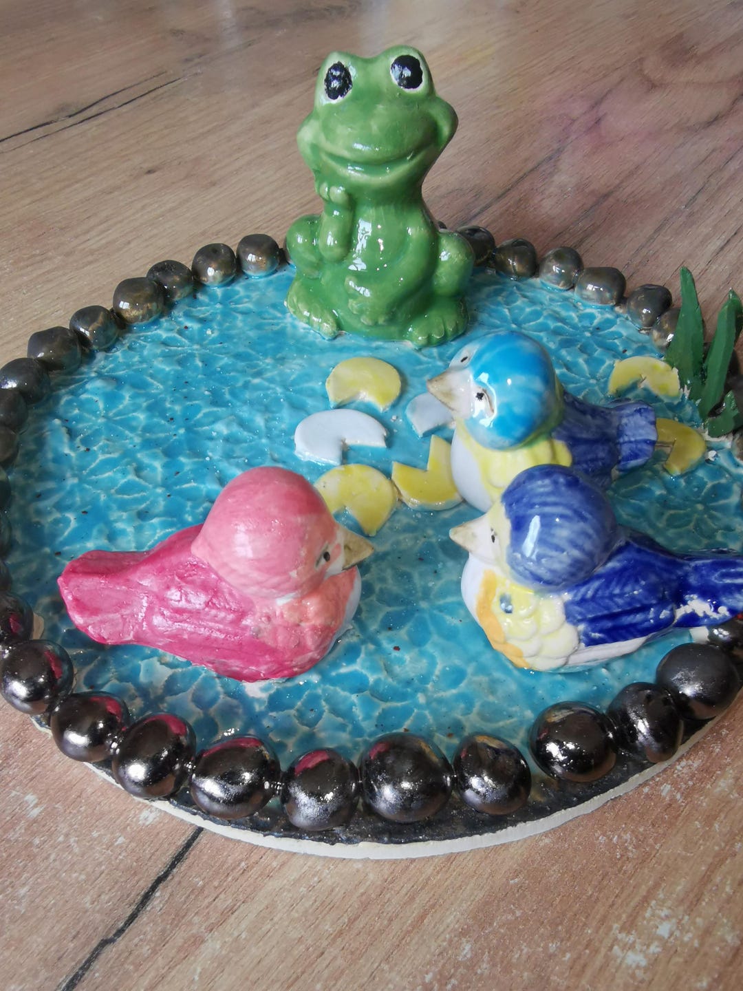 Frog and Ducks Sculpture on the Lake, Handmade Ceramic Plate, Size 18cm ...