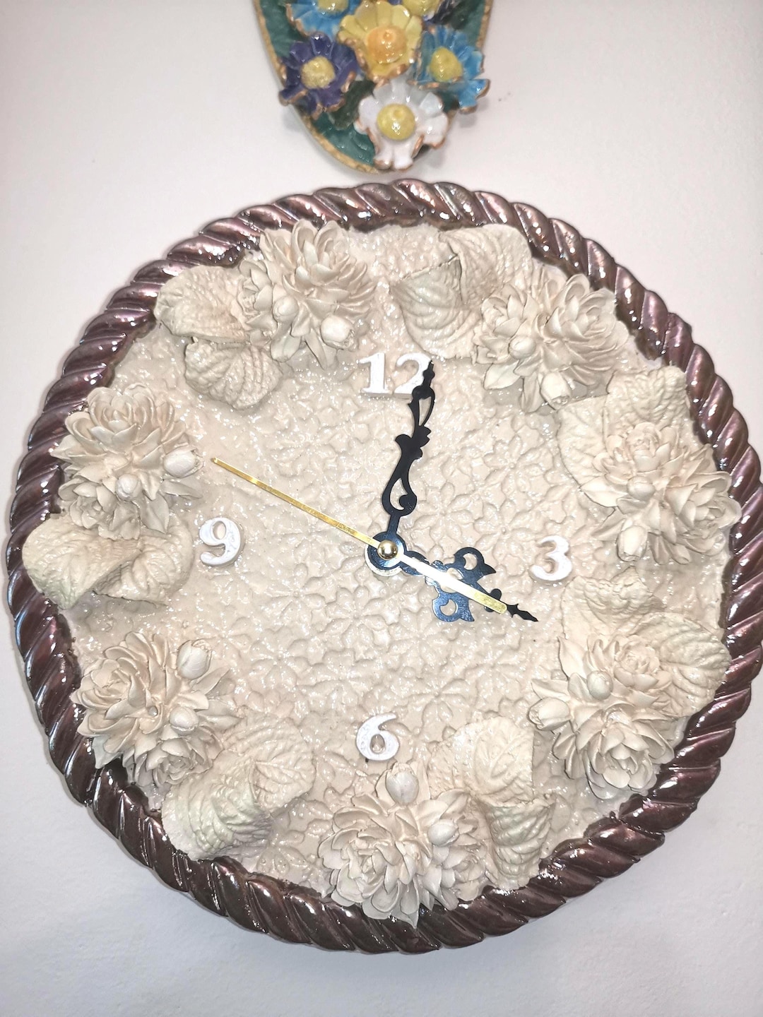Ceramic Wall Clock With Flowers in Brown and Beige Shades, Coffee With ...