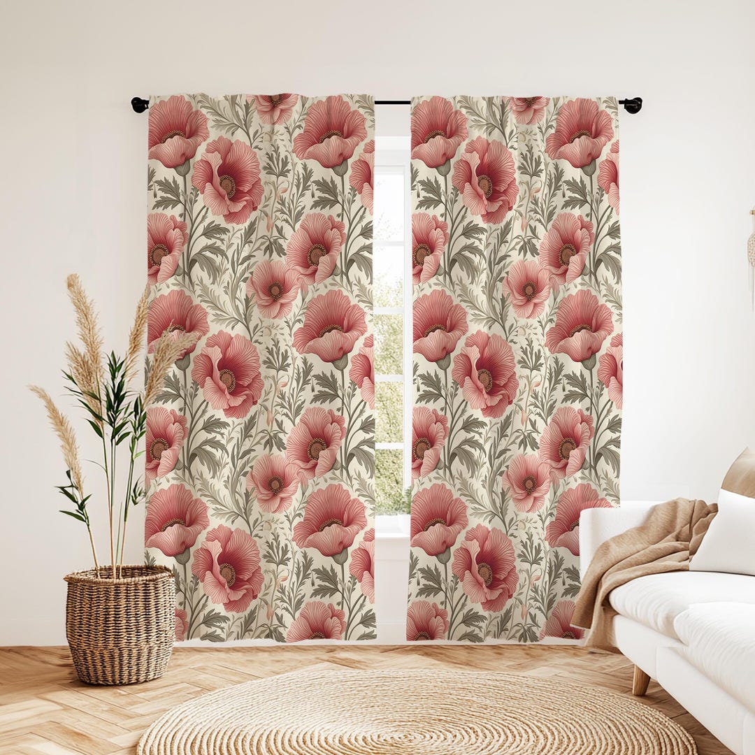 Large Poppies in William Morris Style Rustic Pattern Blackout Curtains ...