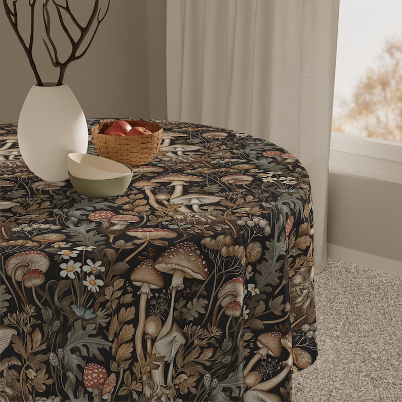 William Morris Inspired Cottagecore Pattern With Mushrooms Tablecloth ...