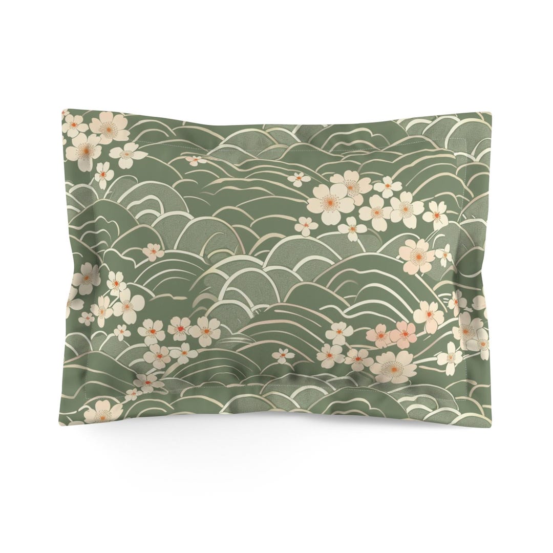 Traditional Japanese Motifs Sakura and Waves Sage Green Pillow Shams ...