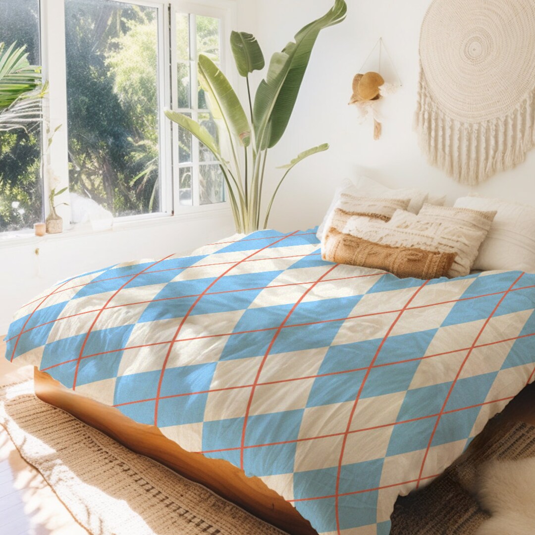 Preppy Duvet Cover Light Blue and Orange Argyle Pattern - Etsy