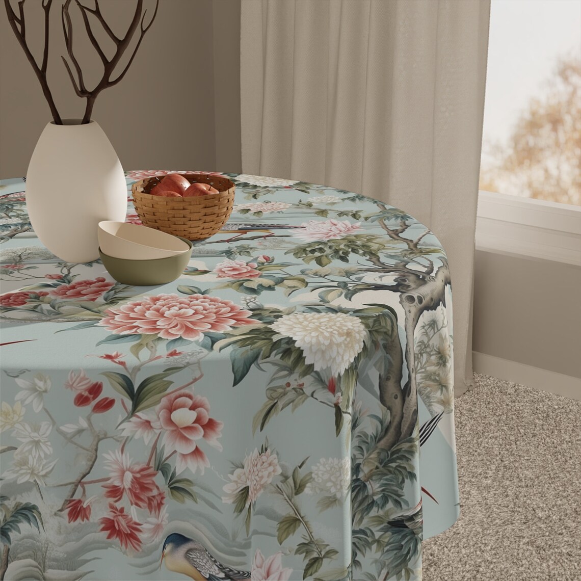 Chinoserie Pattern With Muted Colors Birds and Flowers Tablecloth - Etsy