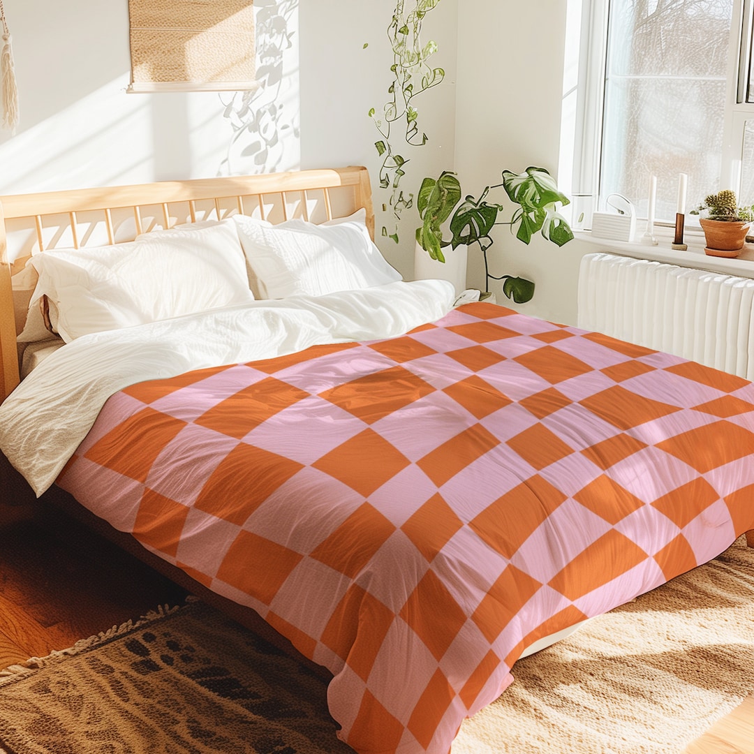 Retro Groovy Checkers Pink and Orange Duvet Cover - Etsy