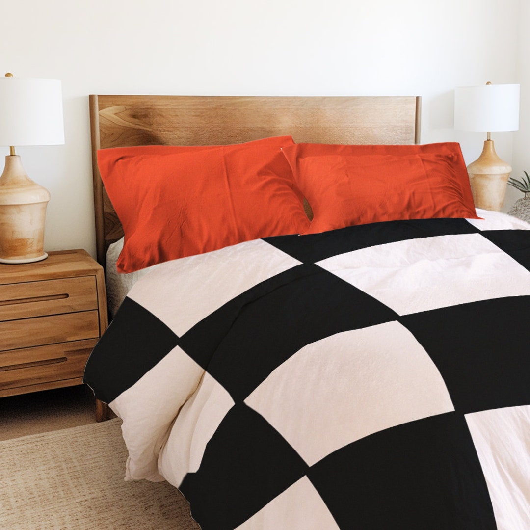 Black and Very Light Pink Checkers and Burnt Orange Shams Designer Bed ...