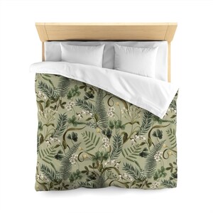 White Flowers Fern and Leaves Sage Green Duvet Cover - Etsy
