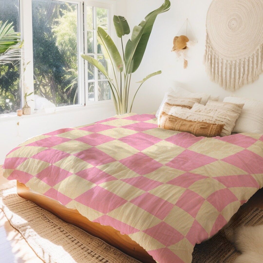 Light Pink Trippy Checkers Duvet Cover - Retro 70s Vibes Bedding - Etsy