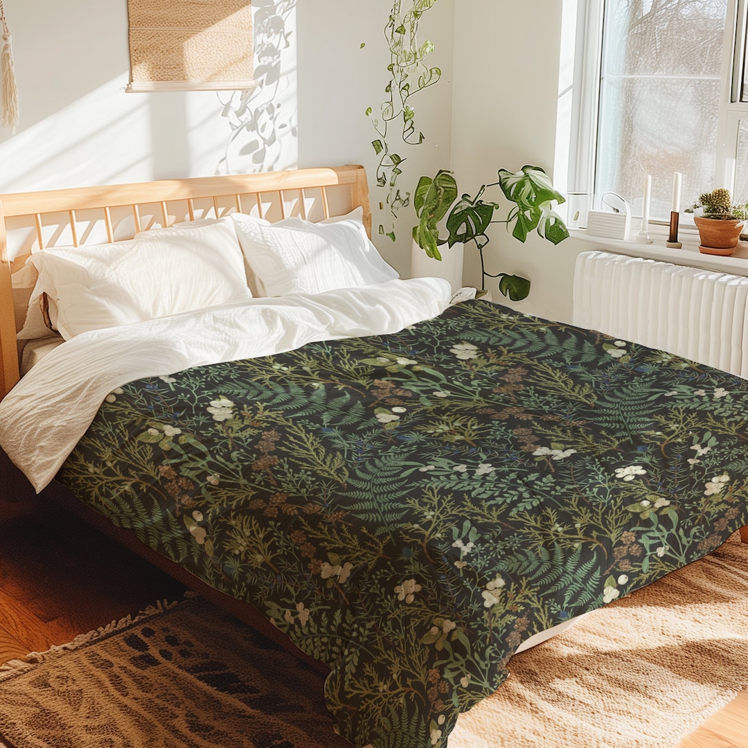 Magical Forest With Fern Leaves Dark Green Duvet Cover Botanical ...