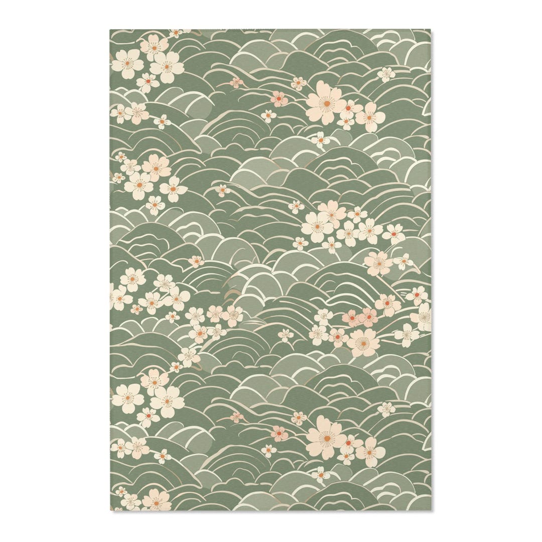 Traditional Japanese Motifs Sakura and Waves Sage Green Area Rug - Etsy