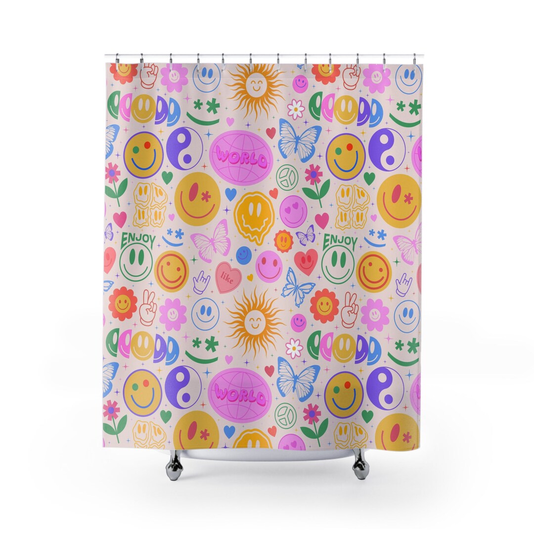 Y2K Pattern With Smileys and Stickers Good Vibes Shower Curtain - Etsy