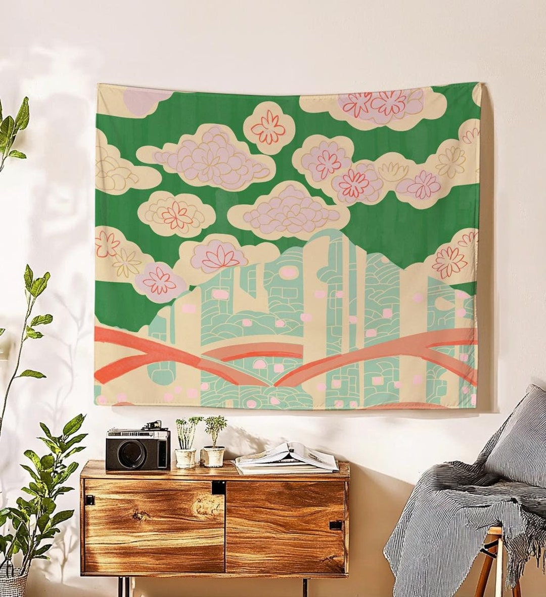 Inspired by Traditional Japanese Fabrics Abstract Design Green and Pink ...