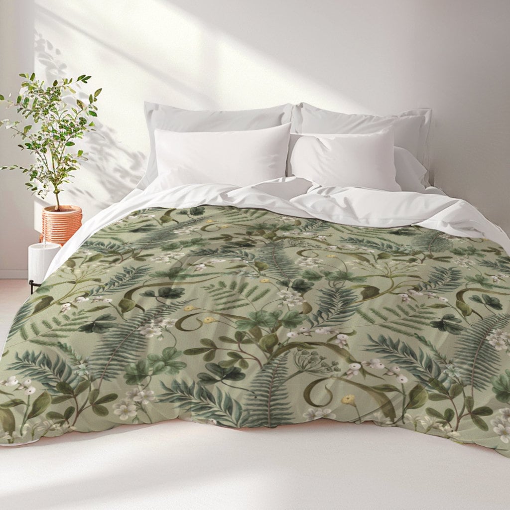 White Flowers Fern and Leaves Sage Green Duvet Cover - Etsy