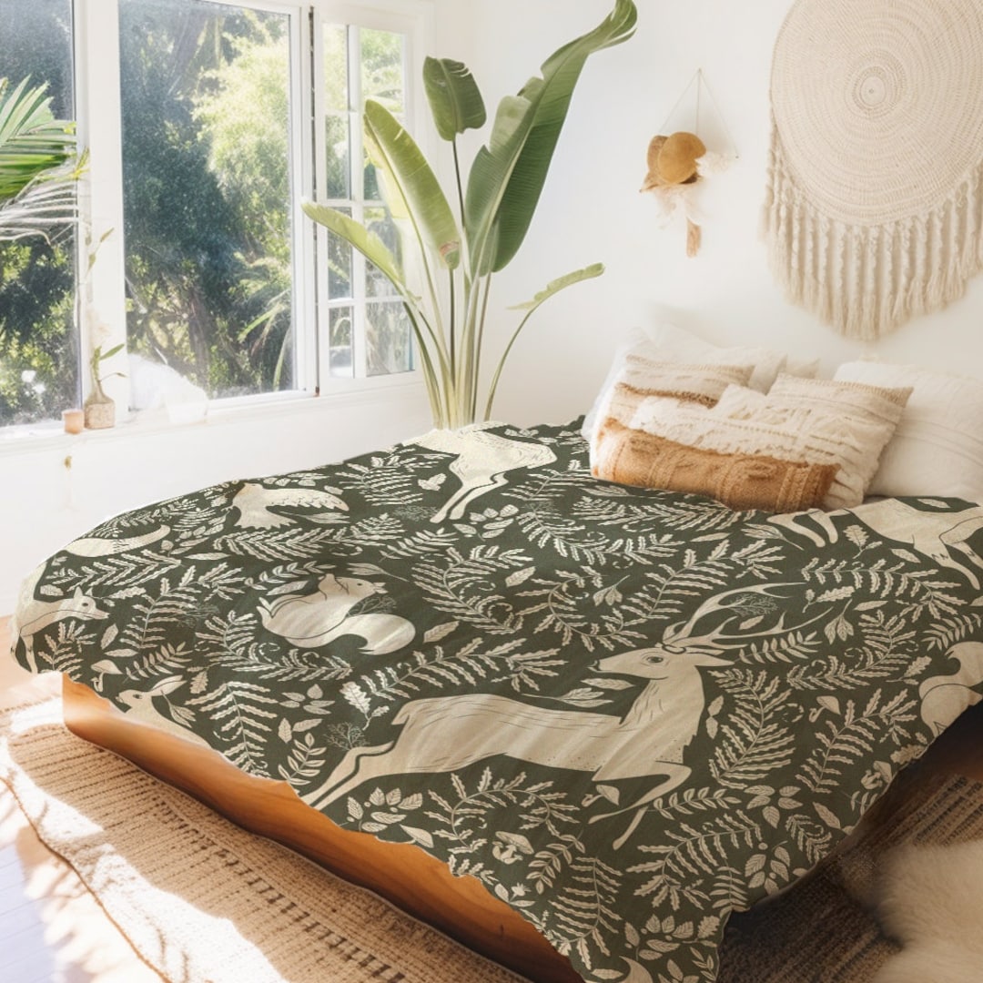 Dark Green Duvet Cover With Forest Animals Cottagecore Bedding - Etsy