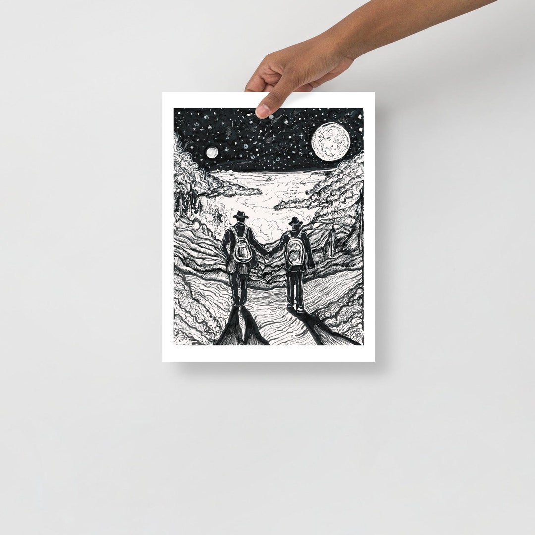 Moonlit Hike Art Print: Pen and Ink Mountain Landscape - Etsy