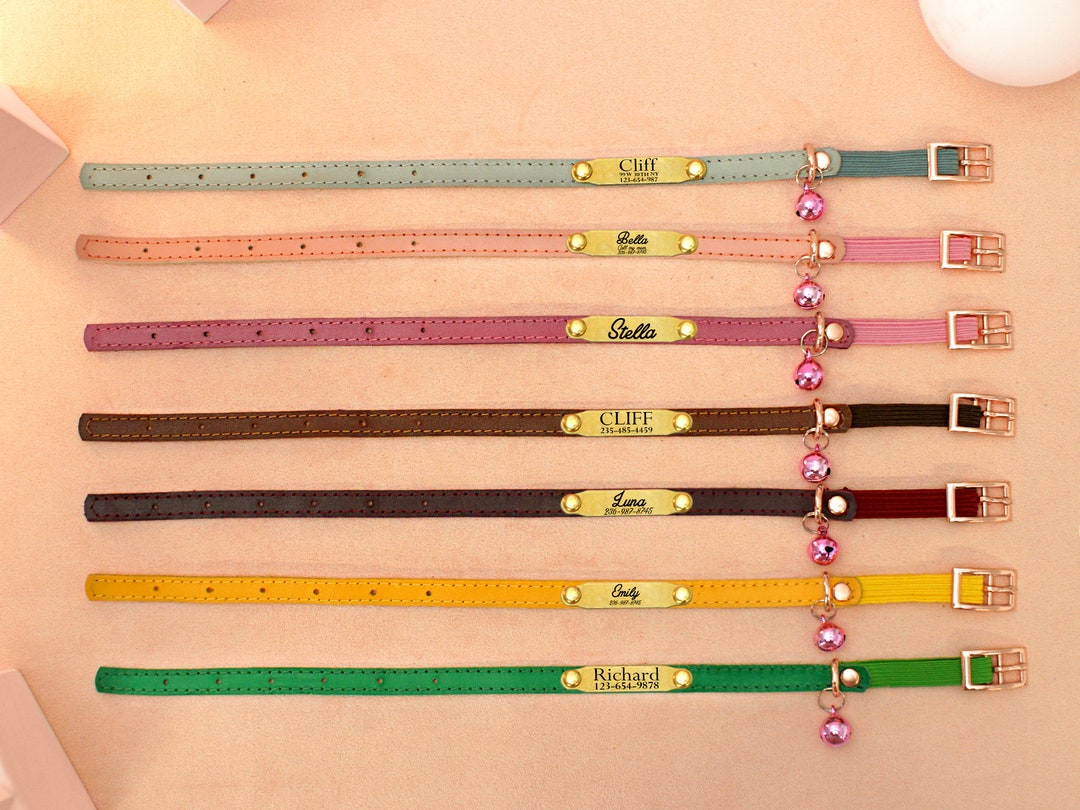 Personalized Cat Collar With Name ID Tag, Leather Cat Collar With Rose ...