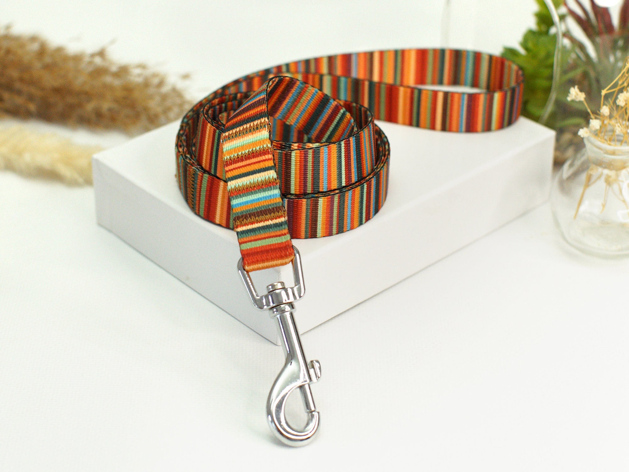 Custom Dog Leash With Leather Name Tag, Striped Pattern Pet Leash ...