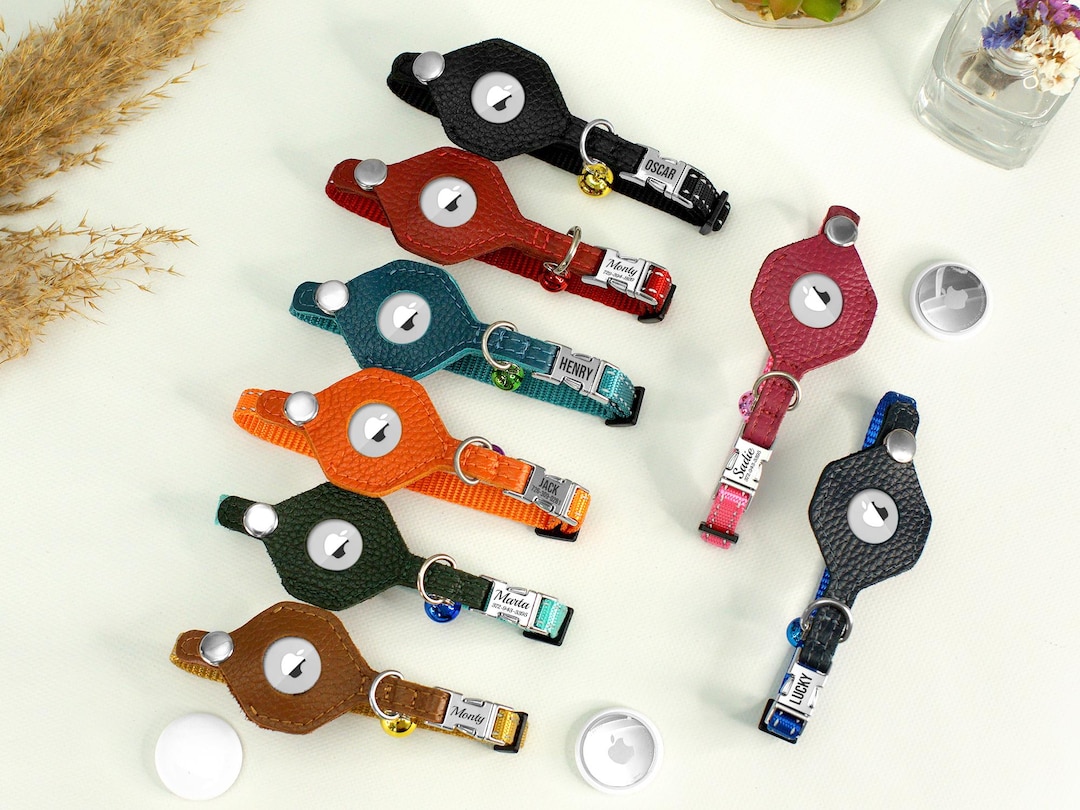 AirTag Cat Collar With Engraved Buckle, Personalized Leather Air Tag ...