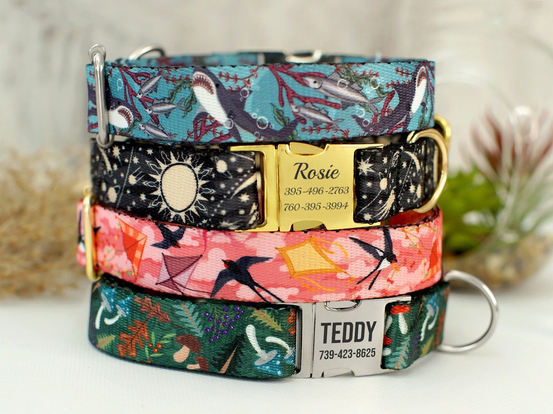 Personalized Dog Collar With Engraved Buckle, Pattern Dog Collars Shark ...