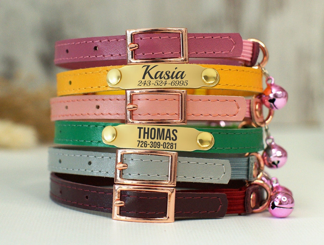 Engraved Cat Collar With Name & Phone Number, Leather Adjustable Kitten ...