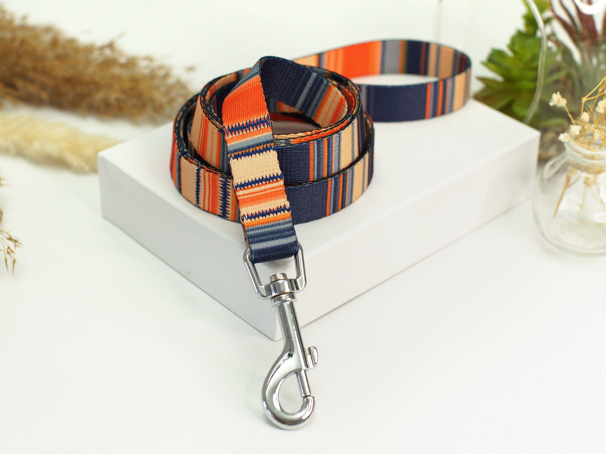Custom Dog Leash With Leather Name Tag, Striped Pattern Pet Leash ...